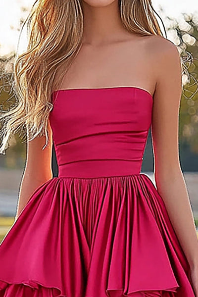 Leely Women Fuchsia A Line High-Low Prom Dress Strapless Tiered Satin Long Formal Dress – leelyuk
