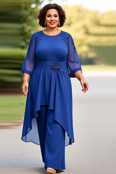 Leely Women Royal Blue Chiffon Plus Size 2 Piece Mother of the Bride Jumpsuit Scoop Neck ...
