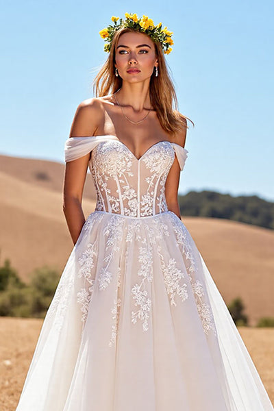 Leely Women Ivory A-Line Sweep Train Wedding Dress with Lace Corset Tulle Off the Shoulder ...