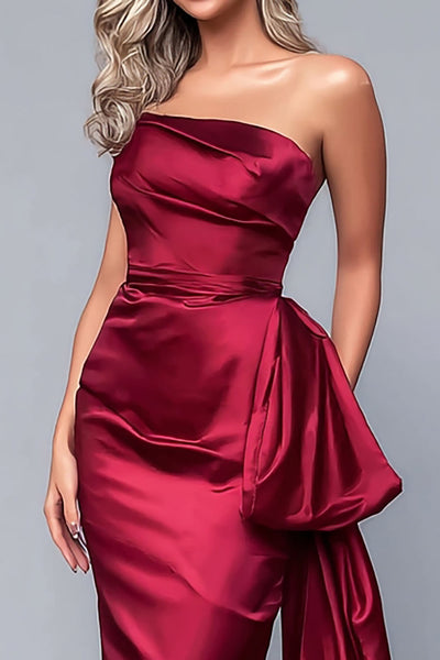 Leely Women Burgundy Satin Long Formal Dress with Side Cape Mermaid Strapless Evening Dress ...