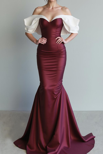 Leely Women Cabernet Satin Mermaid Sweep Train Formal Dress Ruched Off the Shoulder Evening ...