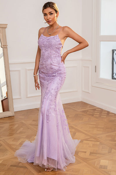 Leely Women Mermaid Prom Dress Light Purple Spaghetti Straps Backless