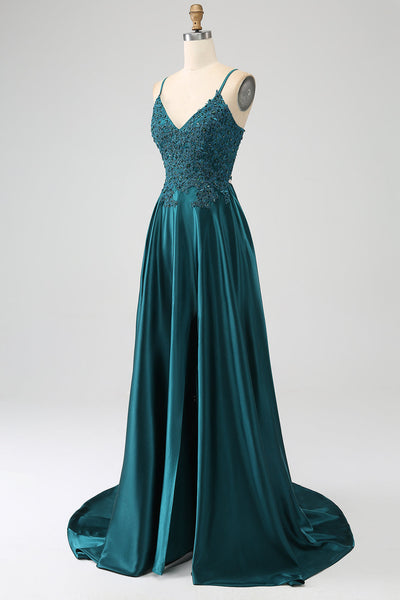 Leely Women Peacock Green A Line Spaghetti Straps Long Prom Dress With