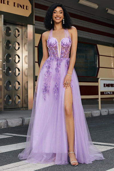 Leely Women Grey Purple Long Corset Prom Dress With Slit A Line Halter