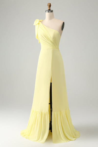Leely Women Wedding Guest Dress with Slit One Shoulder Lemon Yellow ...