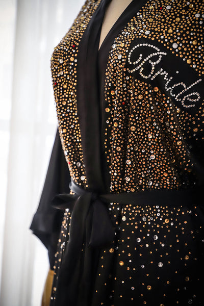Leely Black Sparkly Bride Robe A Line Tea Length Dress with Rhinestones ...