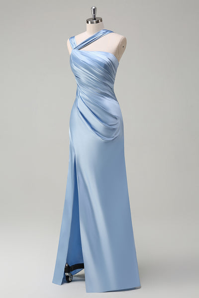 Leely Women Sky Blue Satin Mermaid Bridesamid Dress with Slit Pleated ...