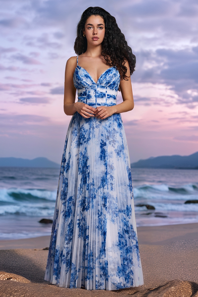 Leely Women White Blue Flower A-Line Bridesmaid Dress Spaghetti Straps ...