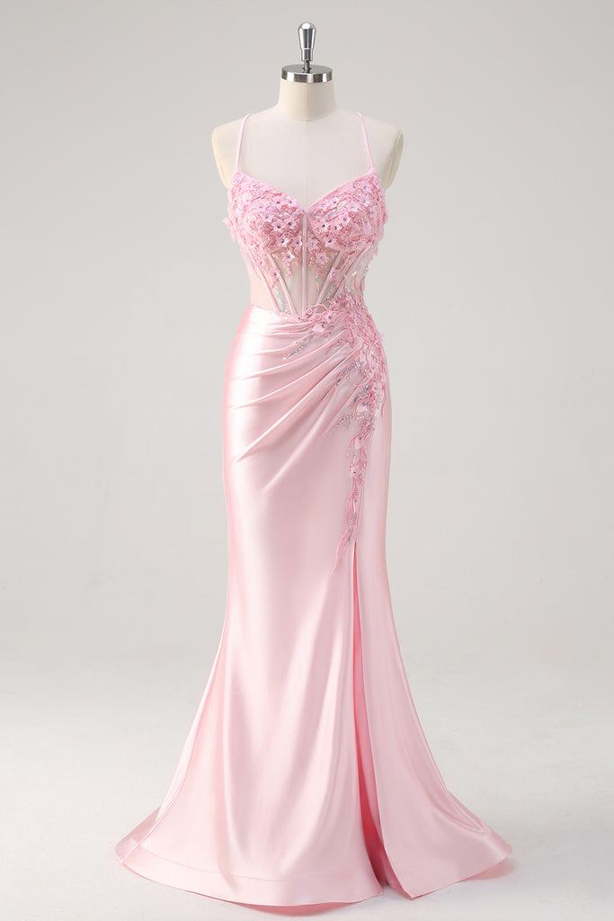 Leely Women Pink Corset Applique Mermaid Prom Dress with Slit Spaghetti ...