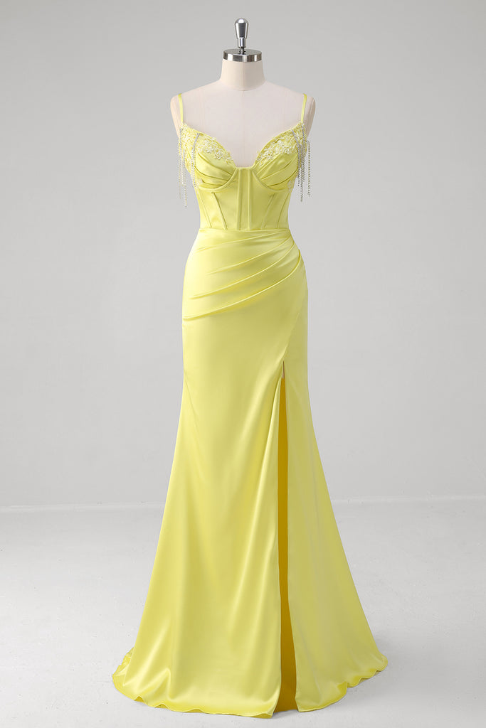 Leely Women Yellow Corset Beaded Mermaid Prom Dress Pleated Satin Sweep ...