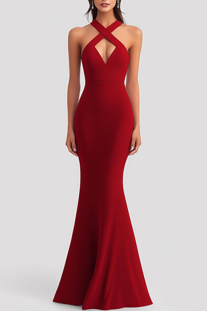 Leely Women Elegant Red Halter Mermaid Formal Dress Keyhole Maxi ...