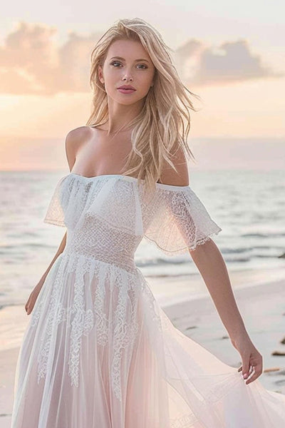 Leely Women White A Line Boho Wedding Dress with Lace Off the Shoulder ...