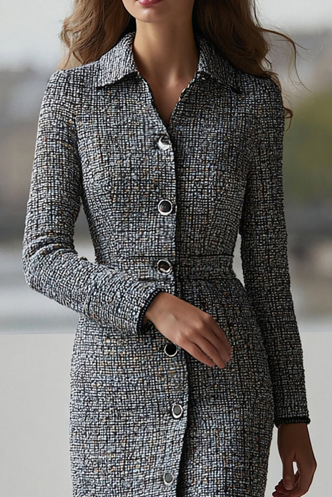 Leely Women Dark Grey Tweed Pencil Short Work Dress with Sleeves Collar ...