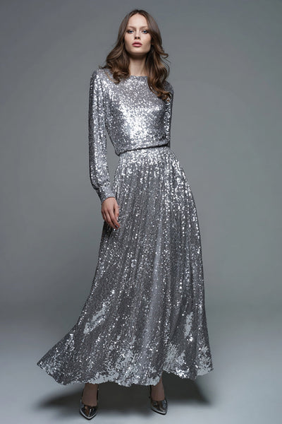 Leely Women Sparkly Silver Sequin Long Formal Dress with Sleeves Round Neck A-Line Holiday Party ...