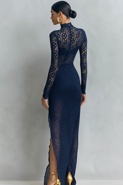 Leely Women Navy Lace Maxi Formal Dress with Sleeves Mermaid High Neck ...