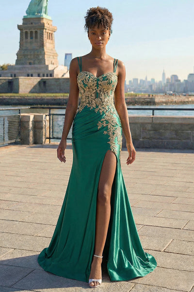 Leely Women Sparkly Dark Green Maxi Appliqued Corset Prom Dress with ...
