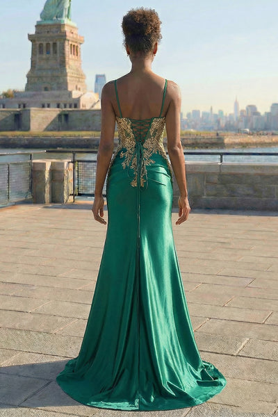 Leely Women Sparkly Dark Green Maxi Appliqued Corset Prom Dress with ...