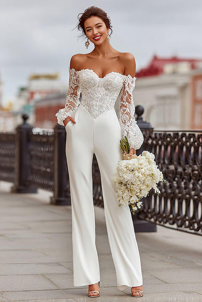 Leely Women White Long Sleeves Bridal Jumpsuits with Lace Off the ...