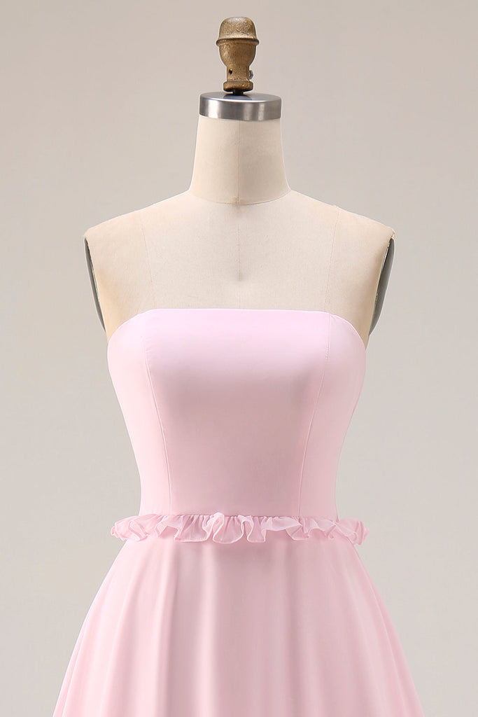 Leely Women Blush Pink Chiffon Long Bridesmaid Dress with Slit Ruffled ...