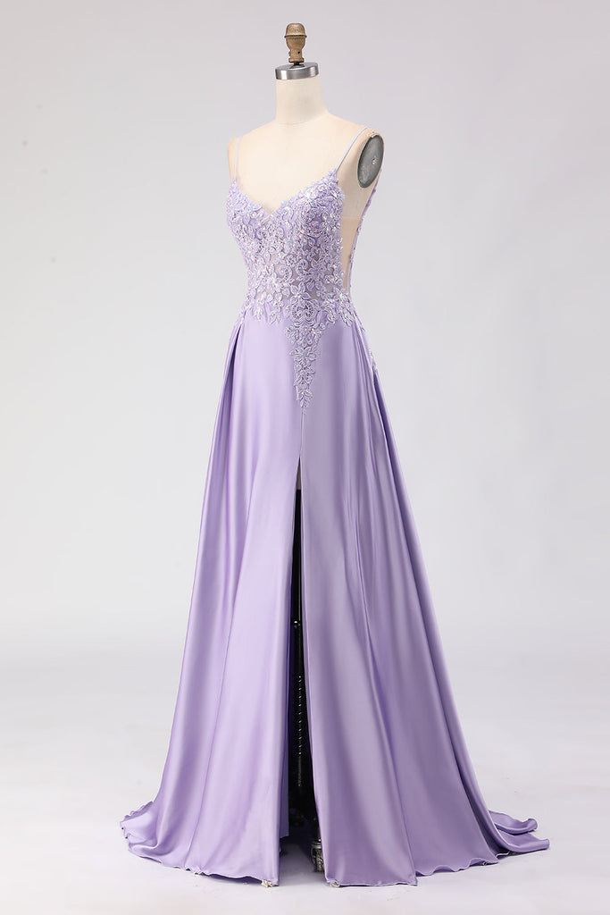 Leely Women Sparkly Purple Satin Appliqued Maxi Prom Dress with Slit ...