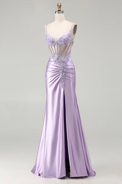 Leely Women Sparkly Light Purple Sequin Long Corset Floral Prom Dress ...