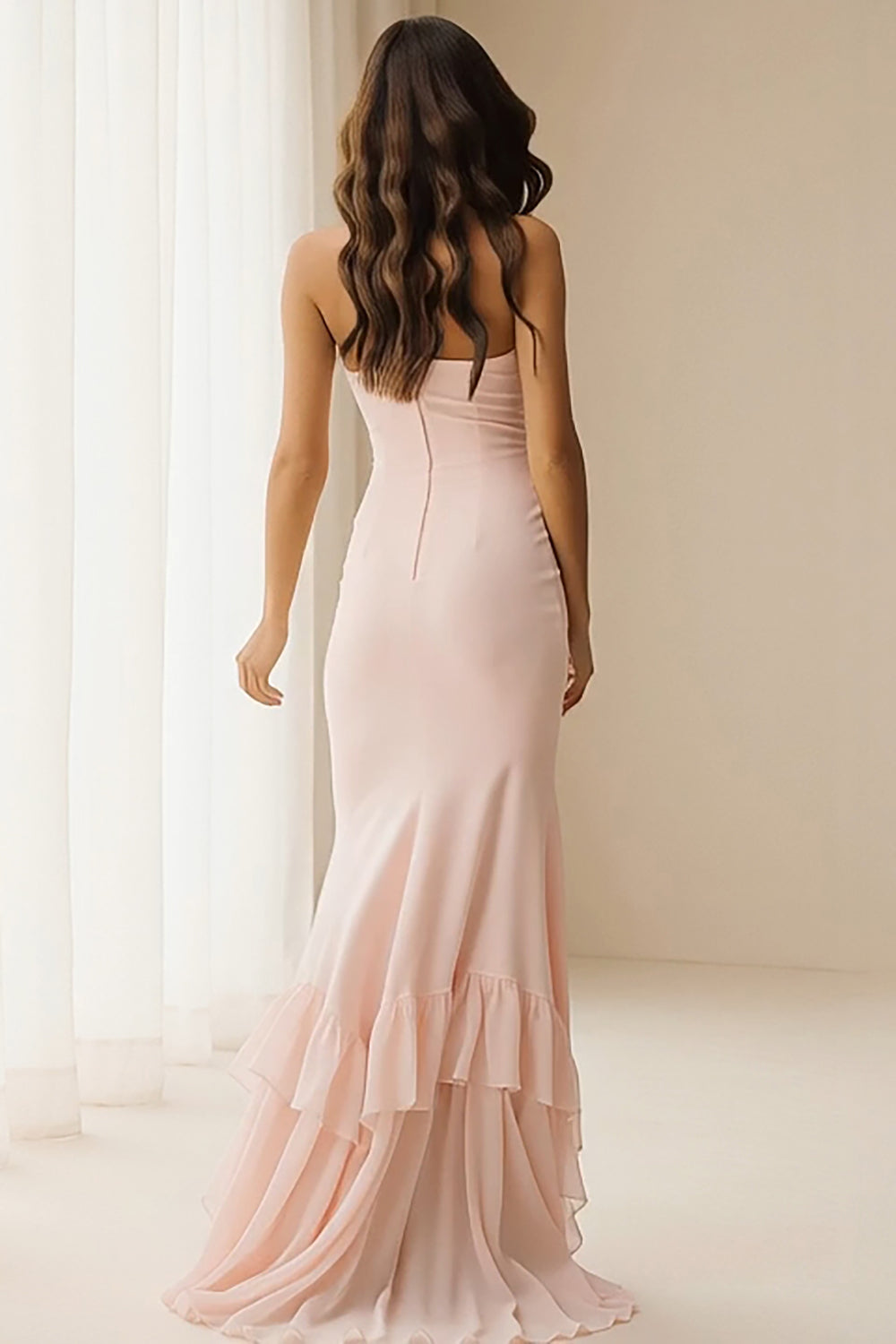 Leely Women Light Pink Sheath Long Bridesmaid Dress with Ruffles ...