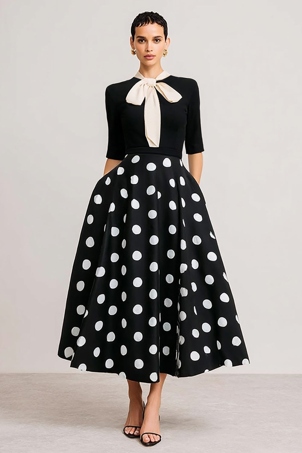 Leely Women Black and White Polka Dots Long Work Dress Short Sleeves A ...
