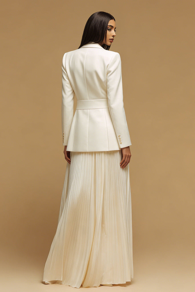 Leely Women Ivory 2 Piece Satin Long Blazer Dress Suits Peak Lapel ...