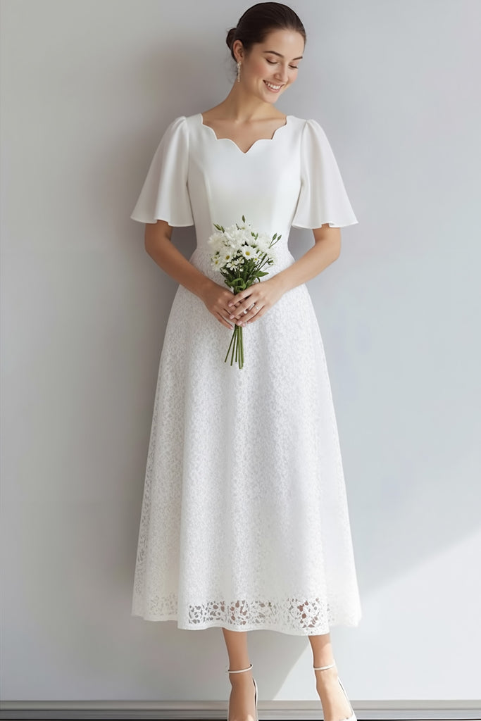 Leely Women White A Line Wedding Reception Dress with Sleeves Jewel ...