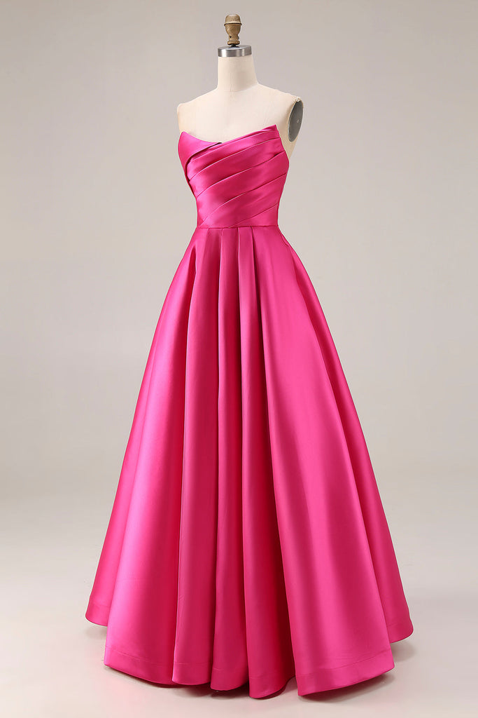 Leely Women Fuchsia Satin Long Prom Dress Strapless Ruched A Line Gala ...