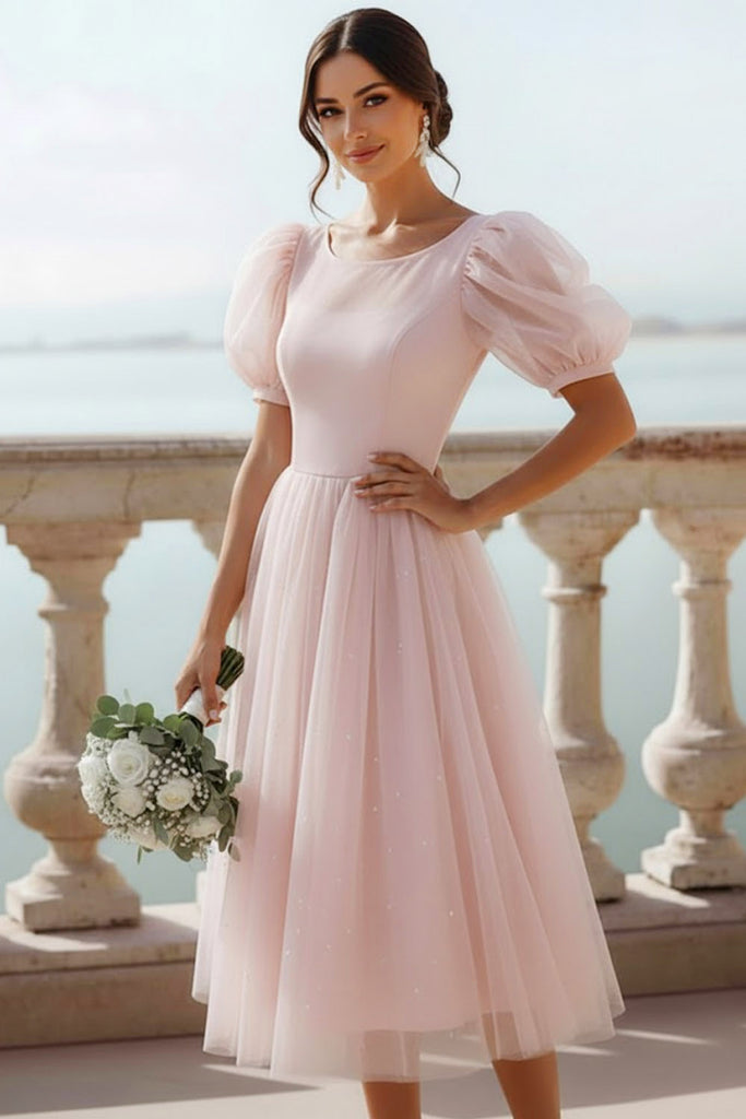 Leely Women English Rose Midi Bridesmaid Dress with Sleeves A Line ...