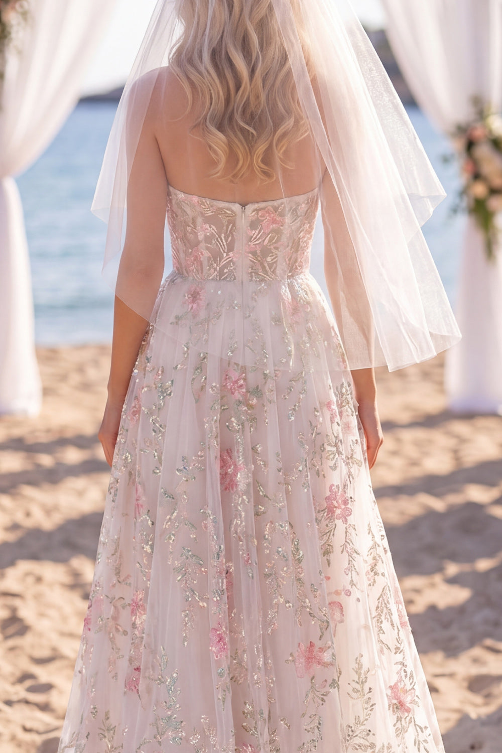 Leely Women White Pink A Line Floral Floor-Length Wedding Dress with ...