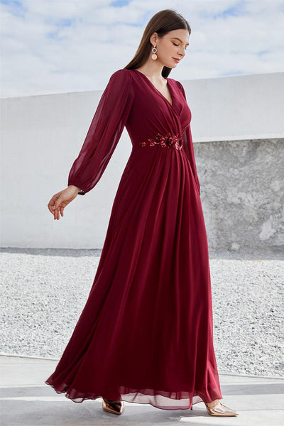 Leely Women Wedding Party Dress Burgundy Long Sleeves A Line Mother of ...