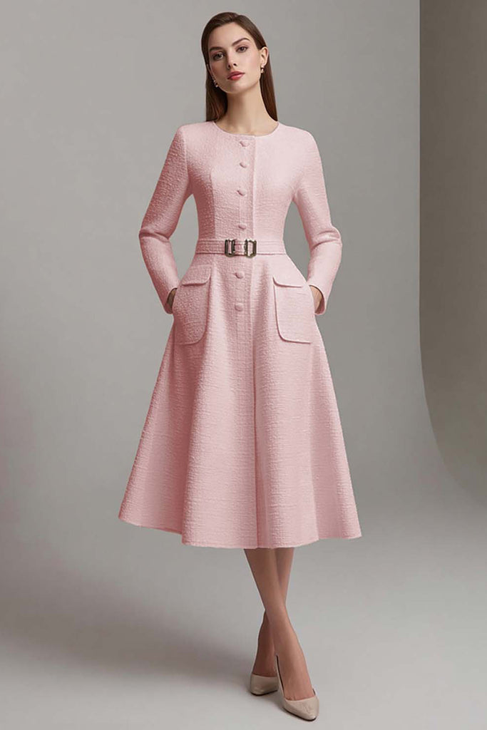 Leely Women Ivory Midi Tweed Outfits with Belts Long Sleeves A Line ...