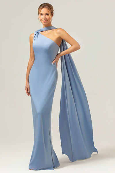 Leely Women Blue Maxi Bridesmaid Dress with Neck Scarf Sheath One ...