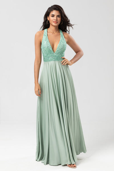 Leely Women Sparkly Matcha Bridesmaid Dress with Sequins A-Line V-Neck ...