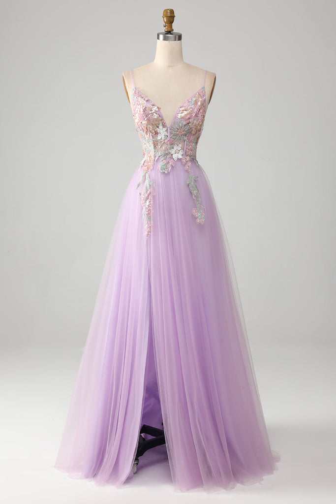 Leely Women Lilac Long Prom Dress Glitter A-Line Spaghetti Straps ...