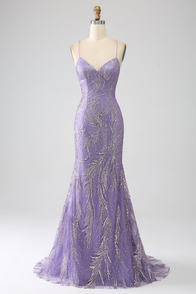 Leely Women Sparkly Lilac Long Prom Dress Mermaid Lace-Up Back Evening ...