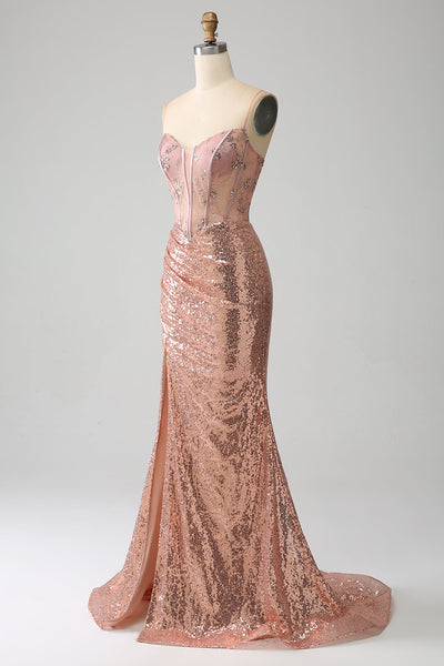 Leely Women Rose Gold Prom Dress Mermaid Beaded Ruched Sequin Corset ...